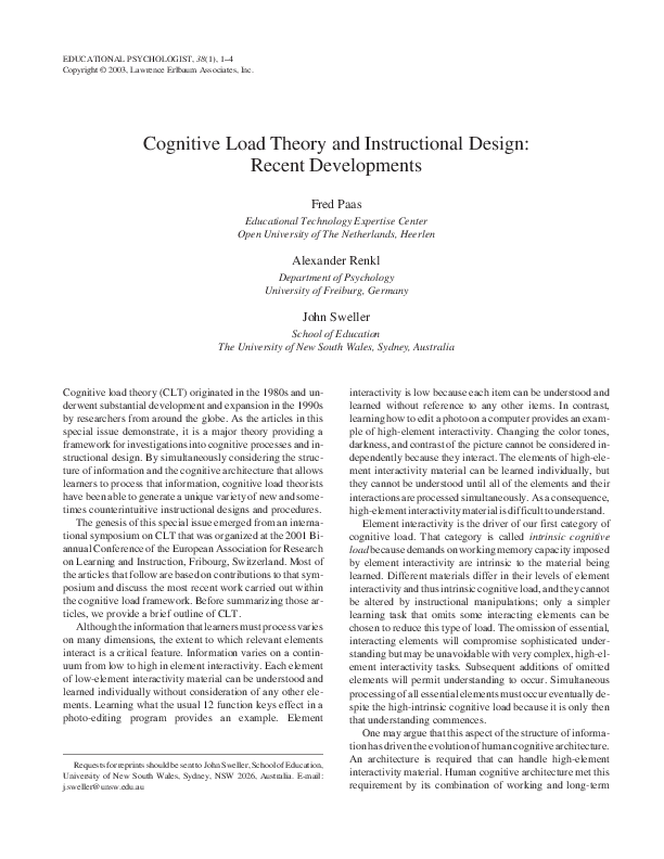 (PDF) Cognitive load theory and instructional design: Recent developments