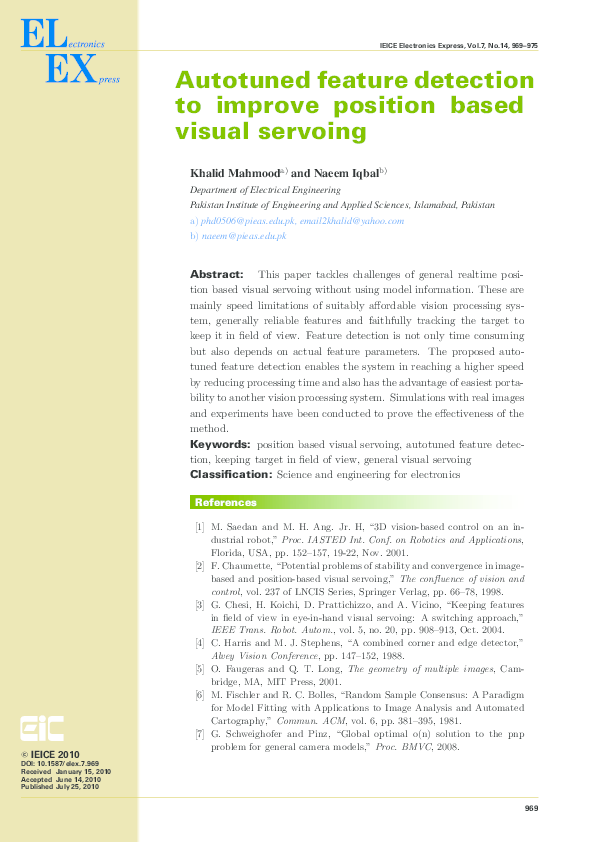 (PDF) Autotuned feature detection to improve position based visual servoing