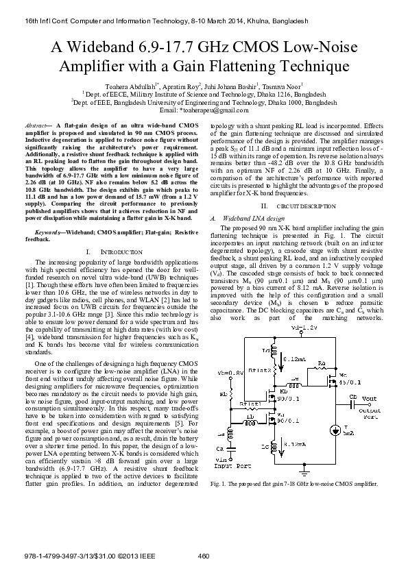 A Wideband 6.9-17.7 GHz CMOS Low-Noise Amplifier with a Gain Flattening Technique