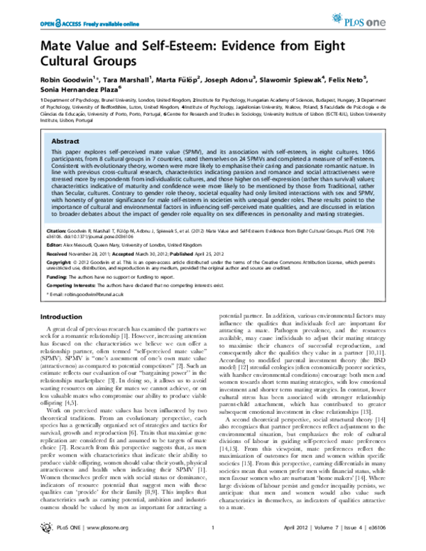 (PDF) Mate Value and Self-Esteem: Evidence from Eight Cultural Groups