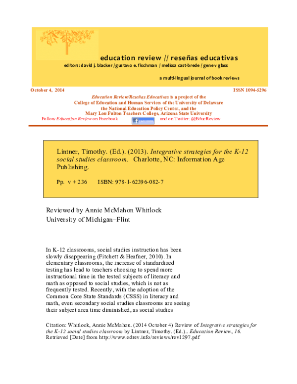 Review of Integrative strategies for the K-12 social studies classroom ...