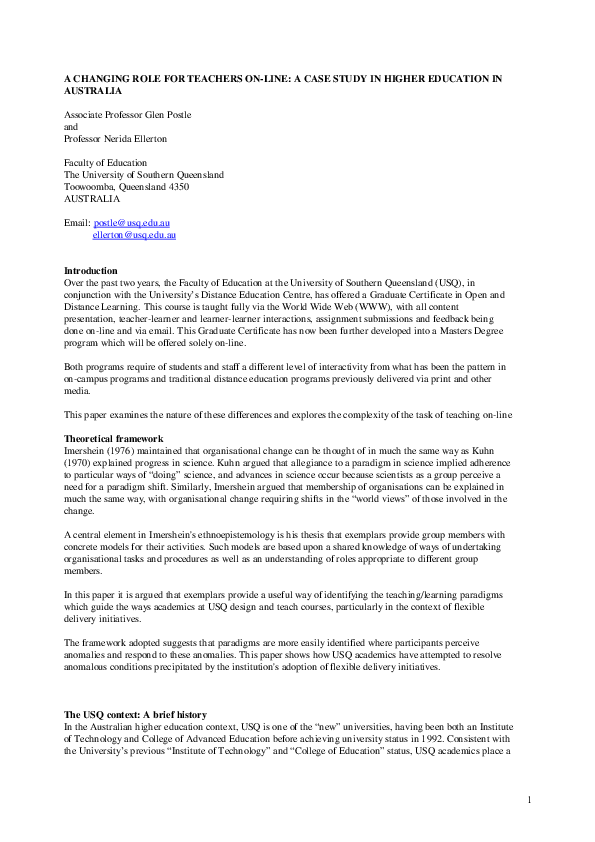 (PDF) A CHANGING ROLE FOR TEACHERS ON-LINE: A CASE STUDY IN HIGHER ...