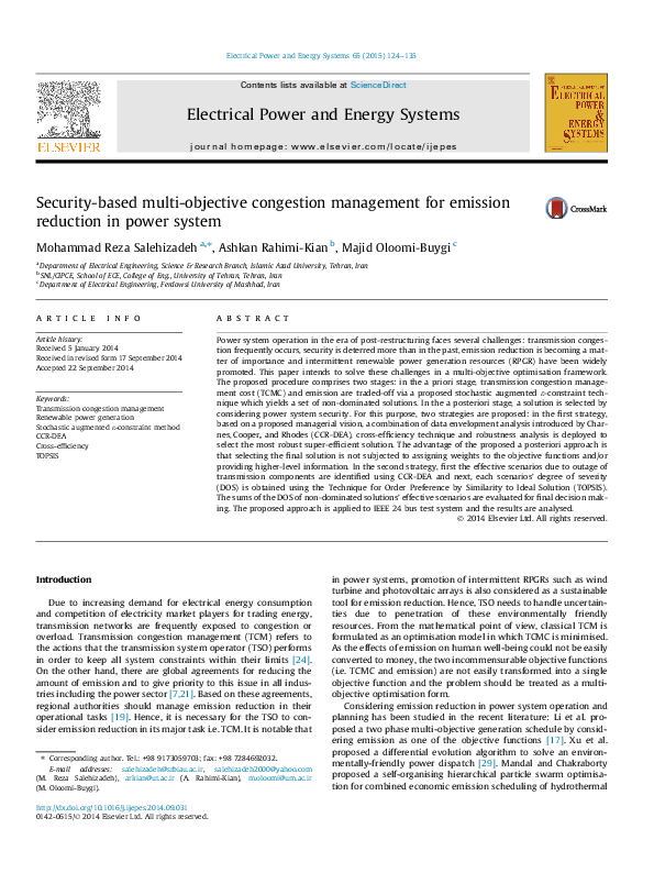 Pdf Security Based Multi Objective Congestion Management For Emission Reduction In Power System