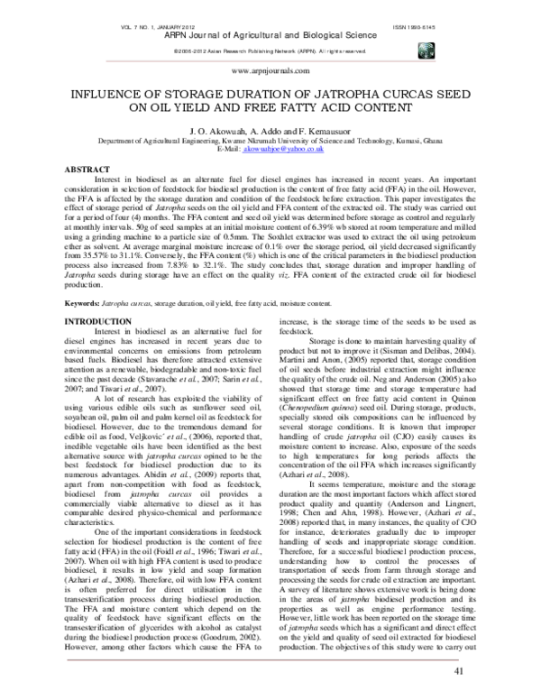 (PDF) INFLUENCE OF STORAGE DURATION OF JATROPHA CURCAS SEED