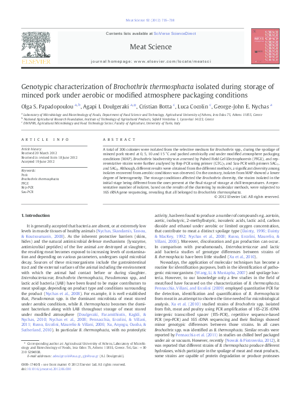 Genotypic characterization of Brochothrix thermosphacta isolated during ...