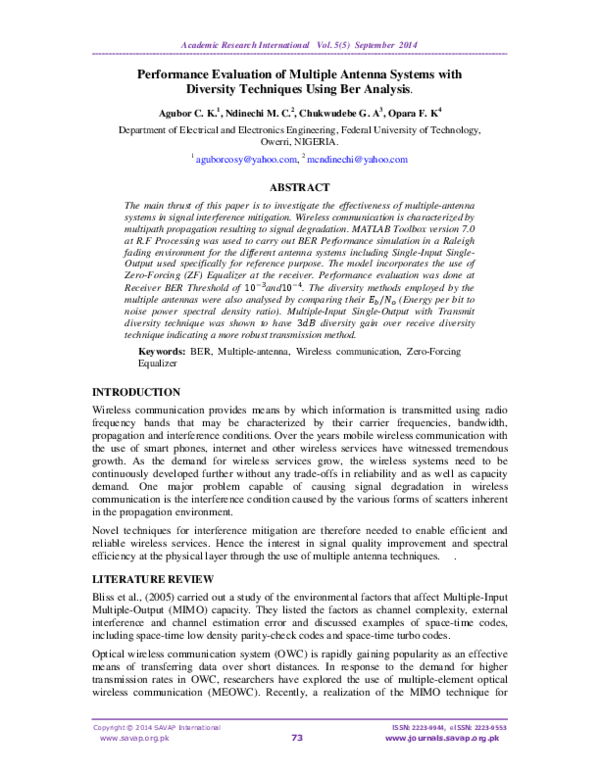 Pdf Performance Evaluation Of Multiple Antenna Systems With Diversity