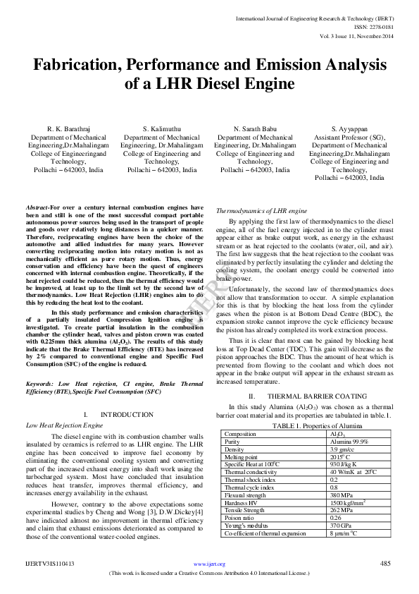 (PDF) Fabrication, Performance and Emission Analysis of a LHR Diesel Engine