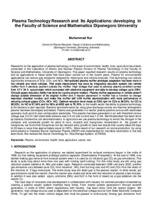 (PDF) Plasma Technology Research and Its Applications: developing in ...