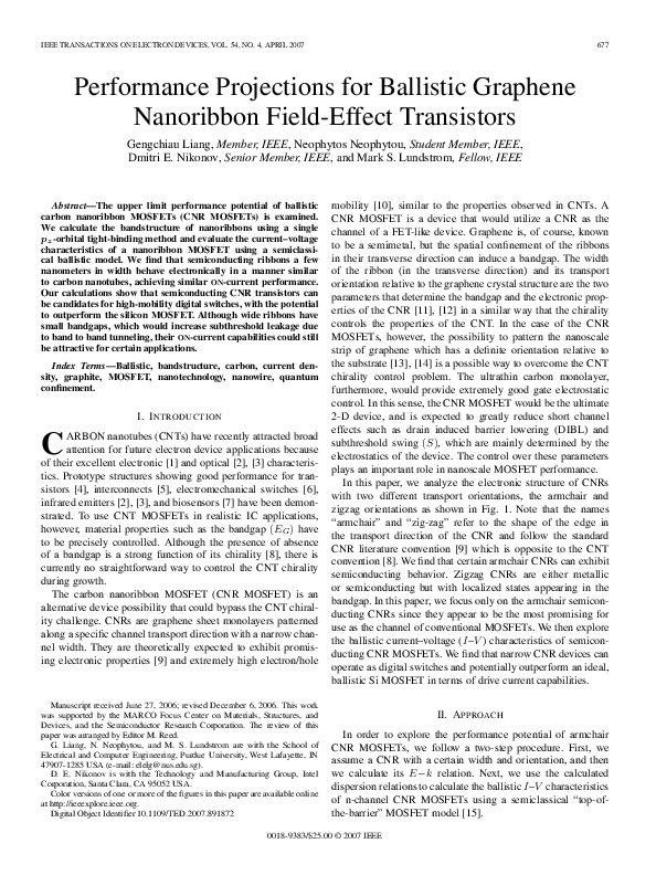 (PDF) Performance projections for ballistic graphene nanoribbon field-effect transistors