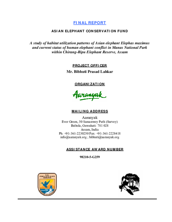 (PDF) FINAL REPORT ASIAN ELEPHANT CONSERVATION FUND A study of habitat ...