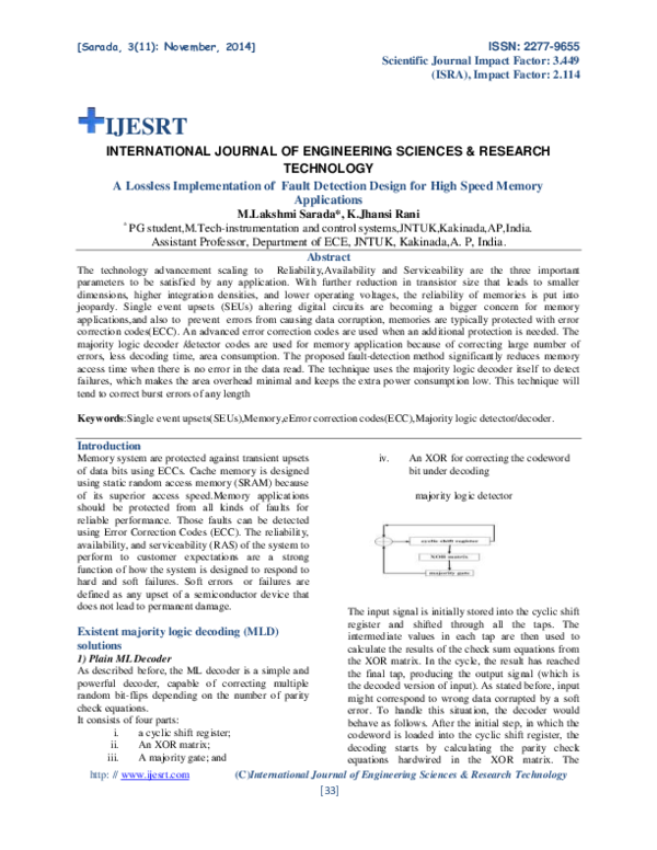 Pdf A Lossless Implementation Of Fault Detection Design For High Speed Memory Applications 