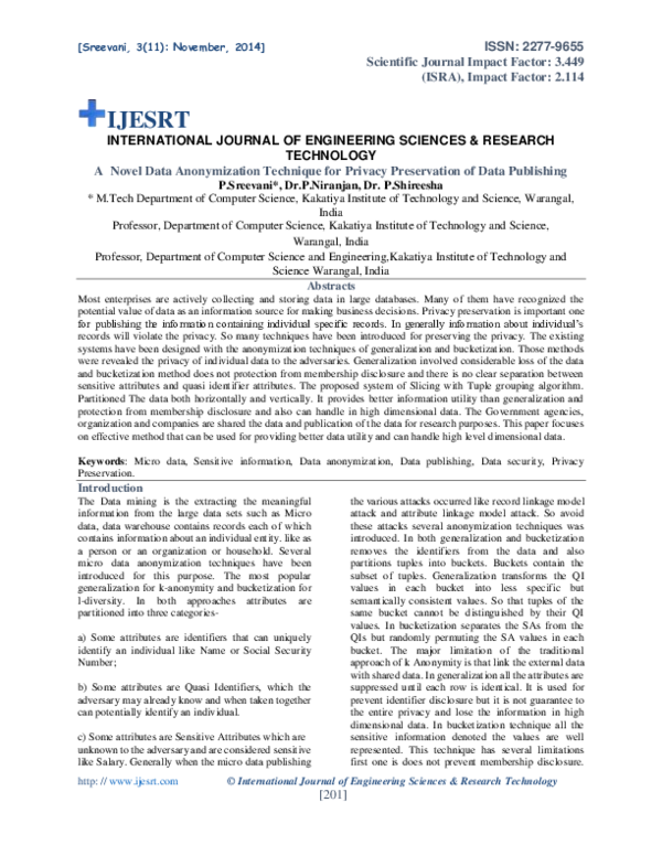 Pdf A Novel Data Anonymization Technique For Privacy Preservation Of Data Publishing
