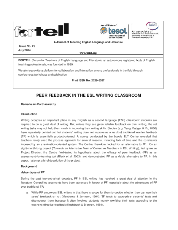 (PDF) Peer Feedback in the ESL Writing Classroom