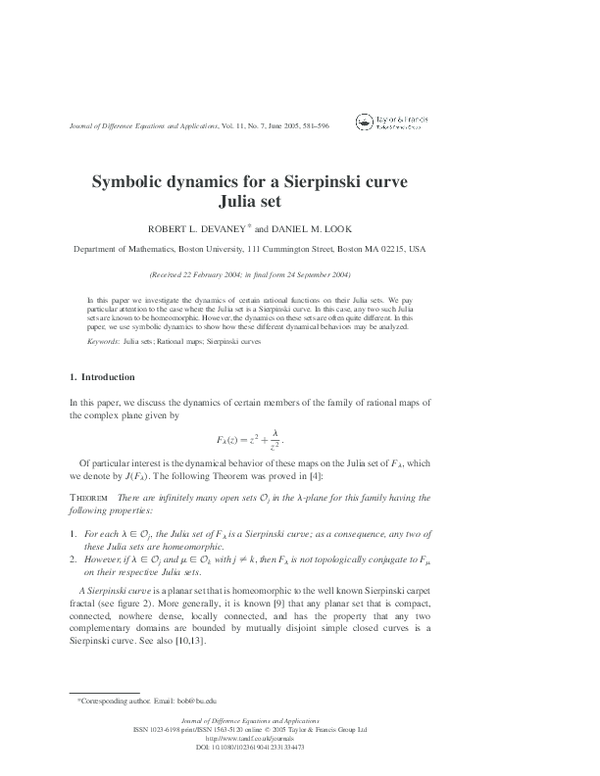(PDF) Symbolic dynamics for a Sierpinski curve Julia set