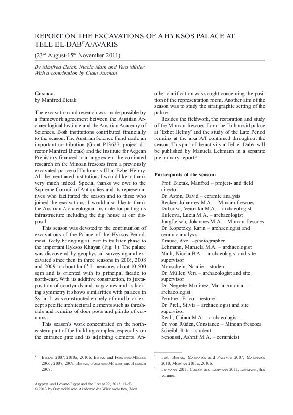 (PDF) , “Report on the Excavations of a Hyksos Palace at Tell el-Dab‘a ...
