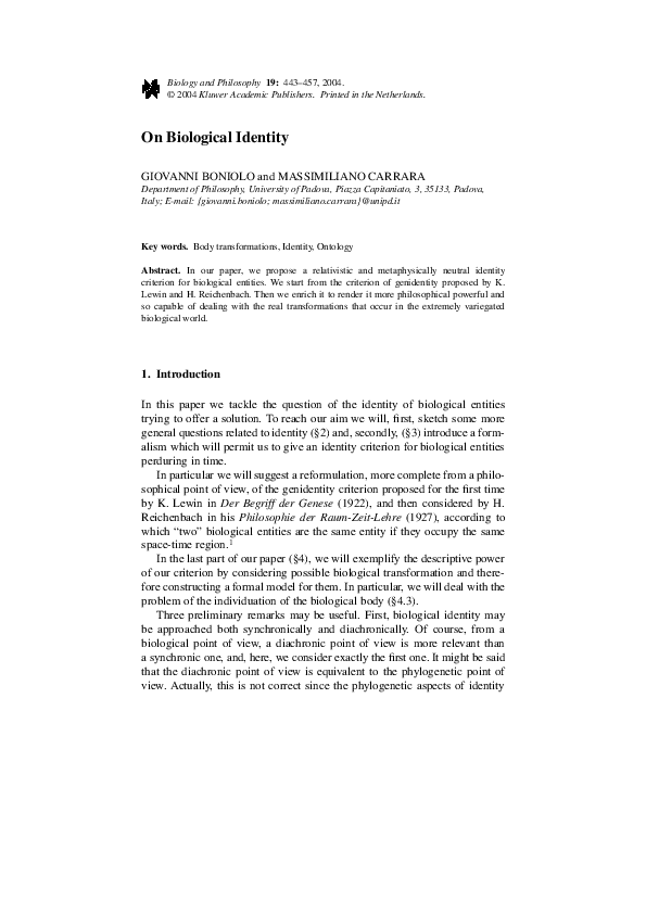 (PDF) On Biological Identity (Biology and Philosophy)
