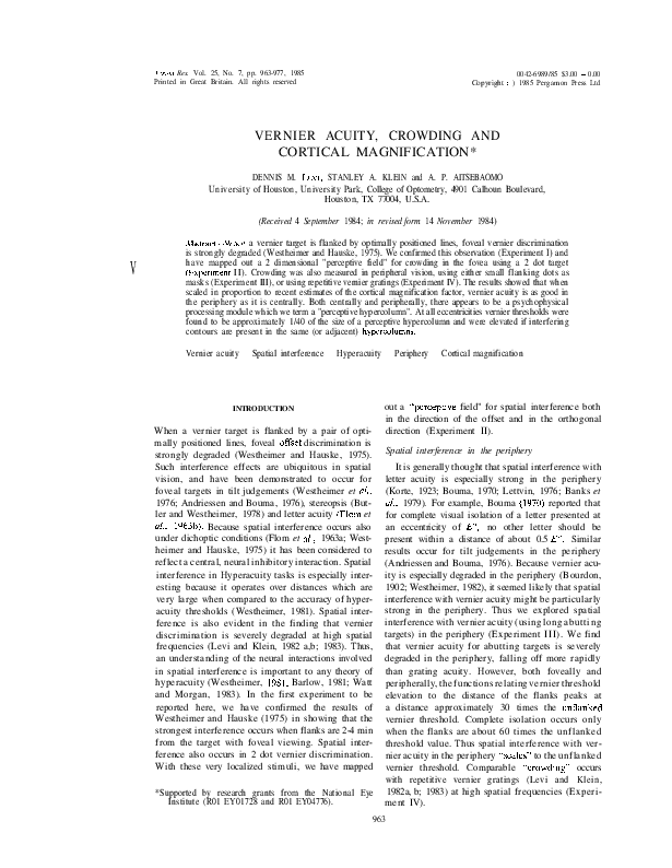 (PDF) VERNIER ACUITY, CROWDING AND CORTICAL MAGNIFICATION