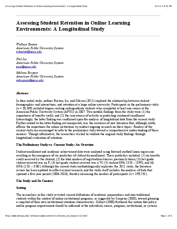 (PDF) Assessing Student Retention in Online Learning Environments: A ...