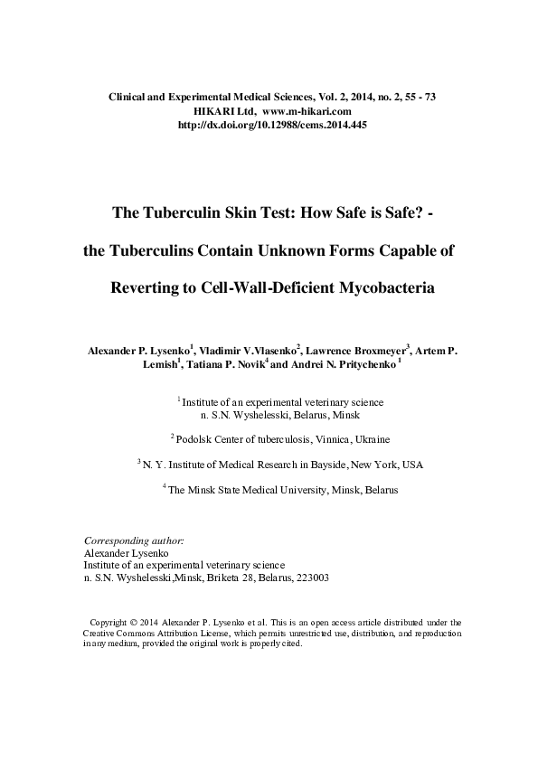 (PDF) The Tuberculin Skin Test: How Safe is Safe? - the Tuberculins ...