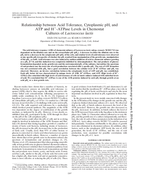 (PDF) Relationship between Acid Tolerance, Cytoplasmic pH, and ATP and ...