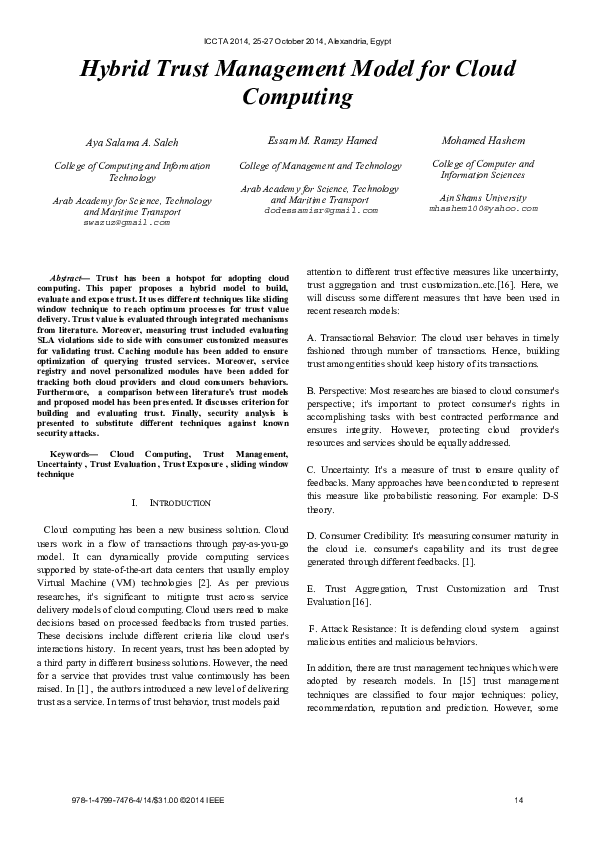 Pdf Hybrid Trust Management Model For Cloud Computing