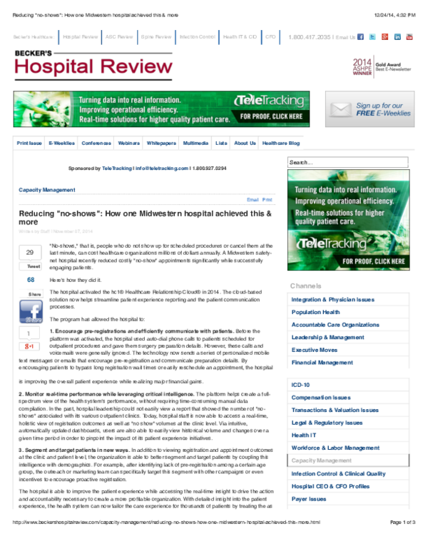 (PDF) Reducing "no-shows": How one Midwestern hospital achieved this & more