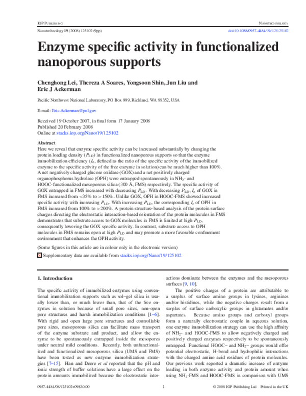 (PDF) Enzyme specific activity in functionalized nanoporous supports