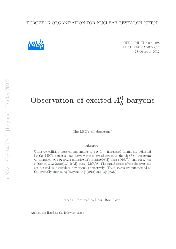 (PDF) Observation of excited $\Lambda^0_b$ baryons | Jonathan Sebastian Cid - Academia.edu