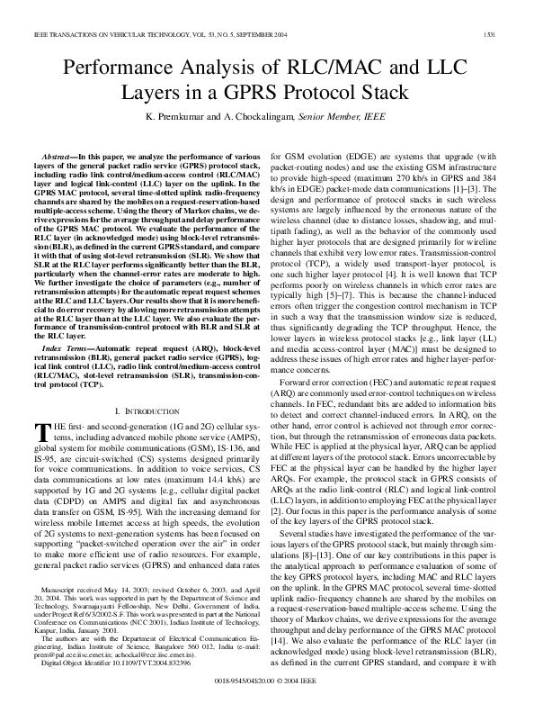 (PDF) Performance analysis of RLC/MAC and LLC Layers in a GPRS protocol stack