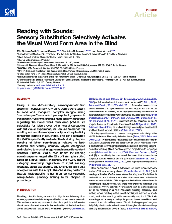 (PDF) Reading with sounds: Sensory substitution selectively activates ...