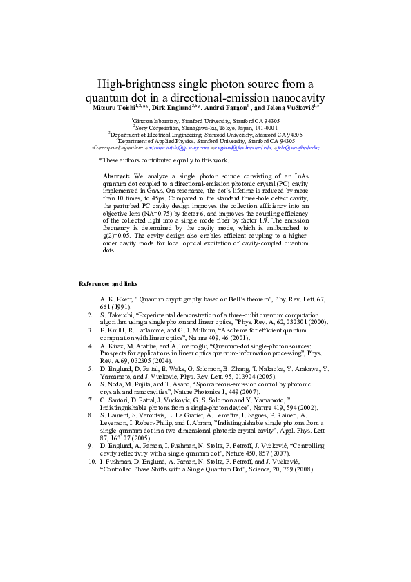 (PDF) High-brightness single photon source from a quantum dot in a directional-emission nanocavity