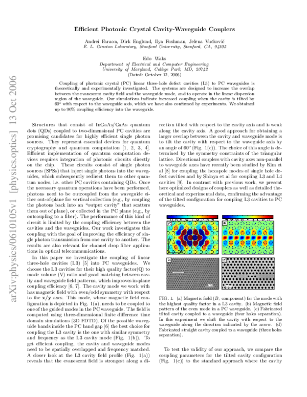 (PDF) Efficient Photonic Crystal Cavity-Waveguide Couplers