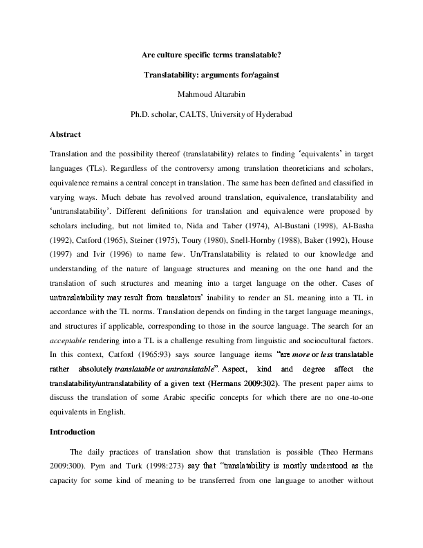 (DOC) Are culture specific terms translatable? Translatability ...
