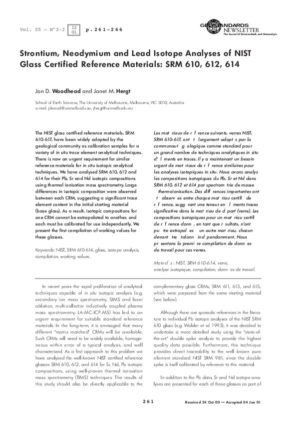 (PDF) Strontium, neodymium and lead isotope analyses of NIST glass certified reference materials ...