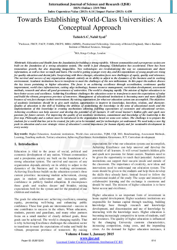 (PDF) Towards Establishing World-class Universities: A Conceptual Approach