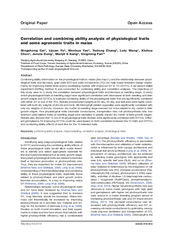 Pdf Correlation And Combining Ability Analysis Of Physiological Traits And Some Agronomic