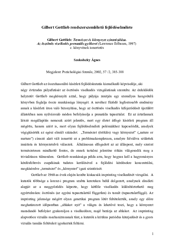 (DOC) Gilbert Gottlieb rendszerszemléletű fejlődéselmélete