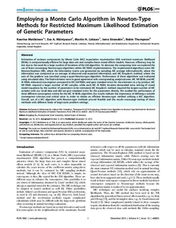 Pdf Employing A Monte Carlo Algorithm In Newton Type Methods For Restricted Maximum Likelihood