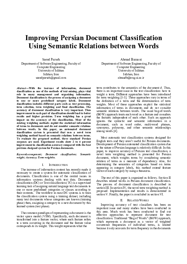(PDF) Improving Persian Document Classification Using Semantic Relations between Words