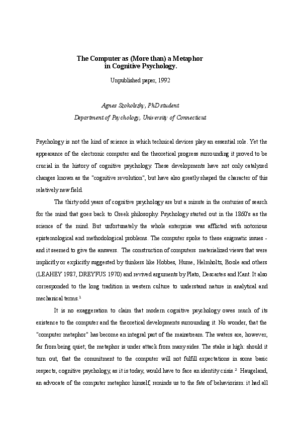 (DOC) The Computer as (More Than) a Metaphor in Cognitive Psychology