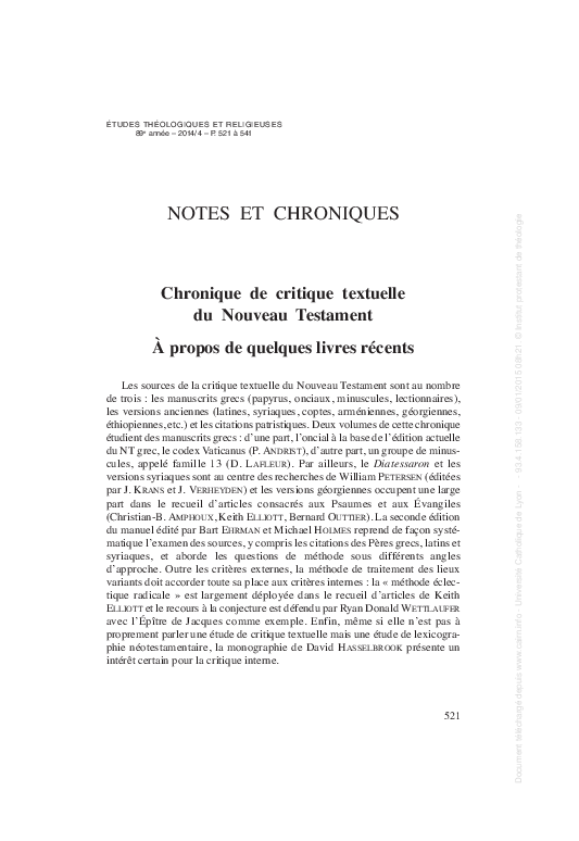 (PDF) « Chronique de critique textuelle du Nouveau Testament. À propos ...
