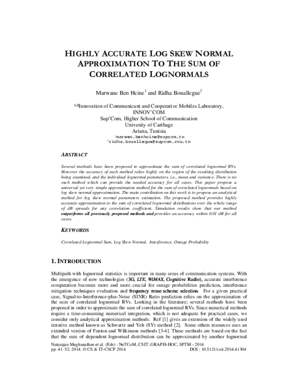 Pdf Highly Accurate Log Skew Normal Approximation To The Sum Of