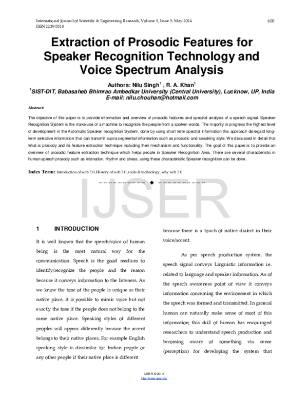Pdf Extraction Of Prosodic Features For Speaker Recognition