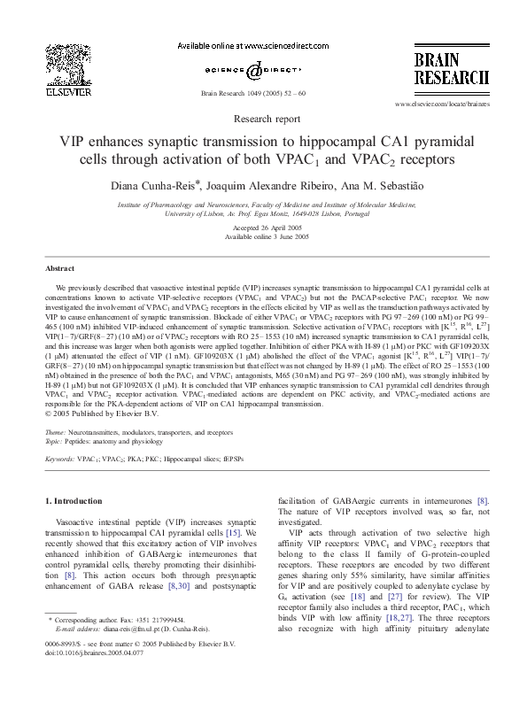 (PDF) VIP enhances synaptic transmission to hippocampal CA1 pyramidal ...