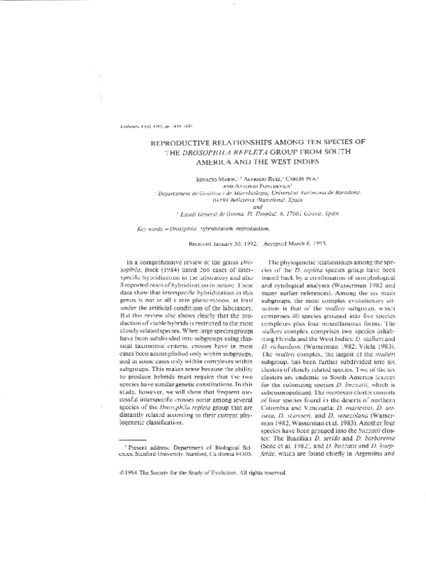 (PDF) REPRODUCTIVE RELATIONSHIPS AMONG TEN SPECIES OF THE DROSOPHILA ...