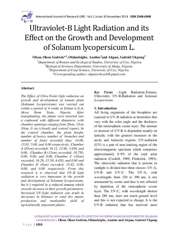 (PDF) Ultraviolet-B Light Radiation and its Effect on the Growth and Development of Solanum ...