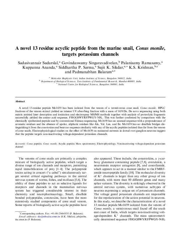 (PDF) A novel 13 residue acyclic peptide from the marine snail, Conus ...