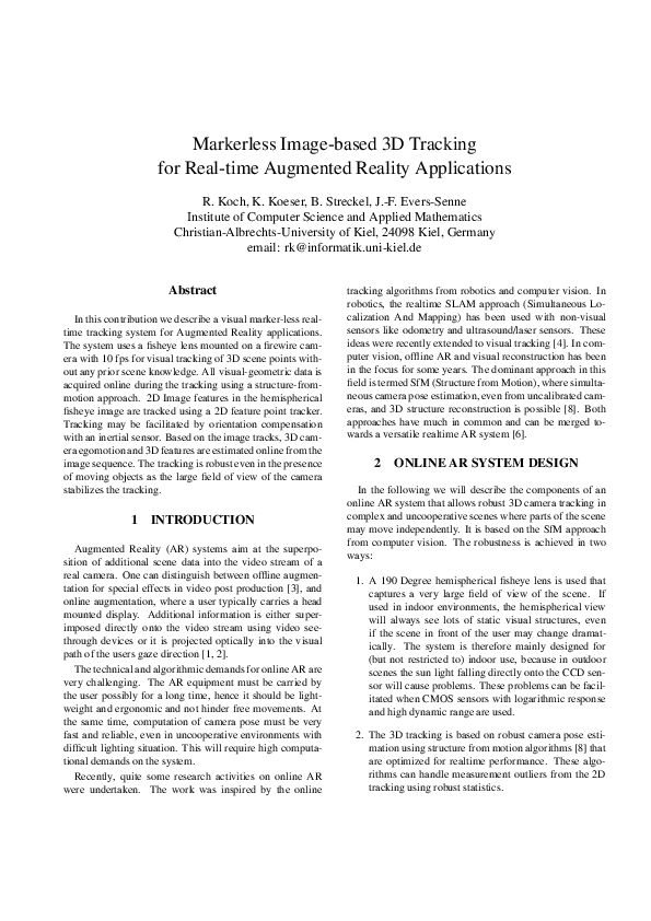 Pdf Markerless Image Based 3d Tracking For Real Time Augmented Reality Applications