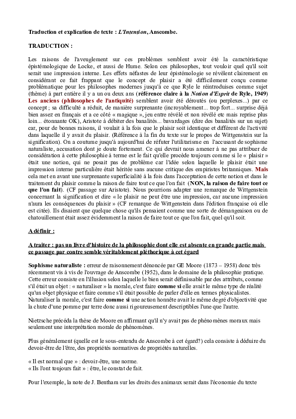 Traduction et commentaire de texte Elizabeth Anscombe L'Intention
