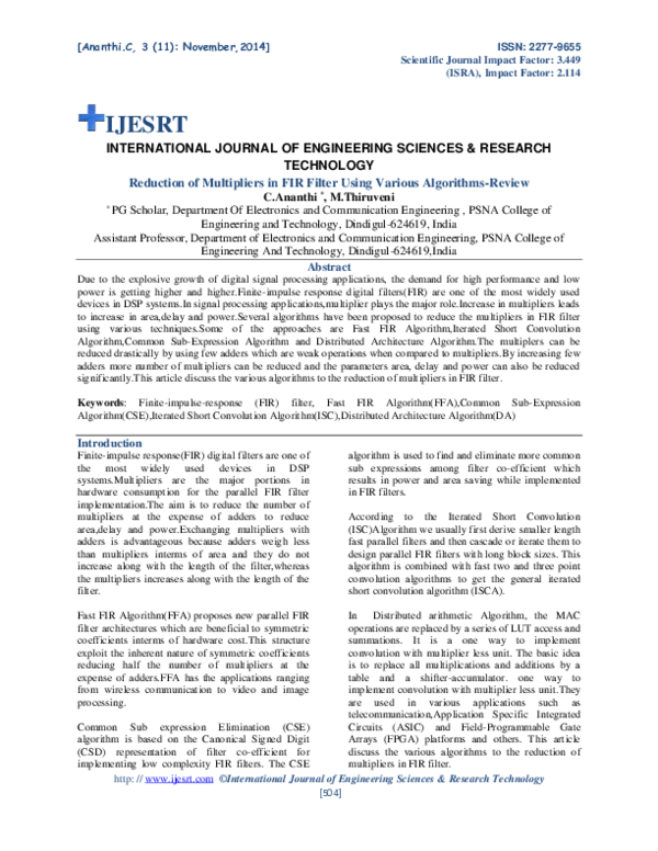 Pdf Reduction Of Multipliers In Fir Filter Using Various Algorithms Review